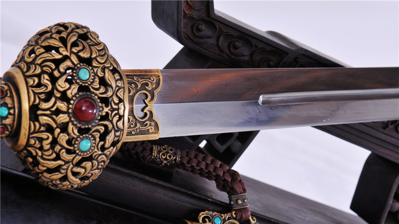 Handmade Chinese Sword Double Edge Jian Brass Fittings Feather Pattern ...