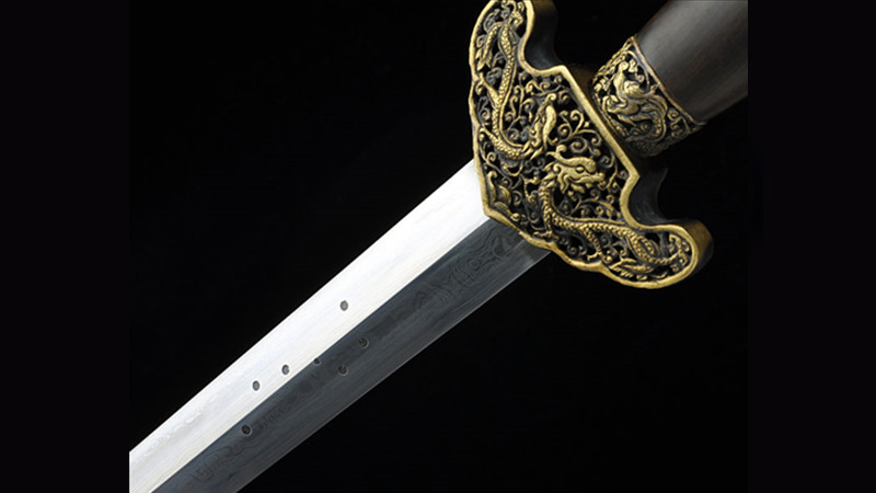 Twin Dragon Jian Chinese Sword Double Edge Hand-Carved Brass Fittings ...